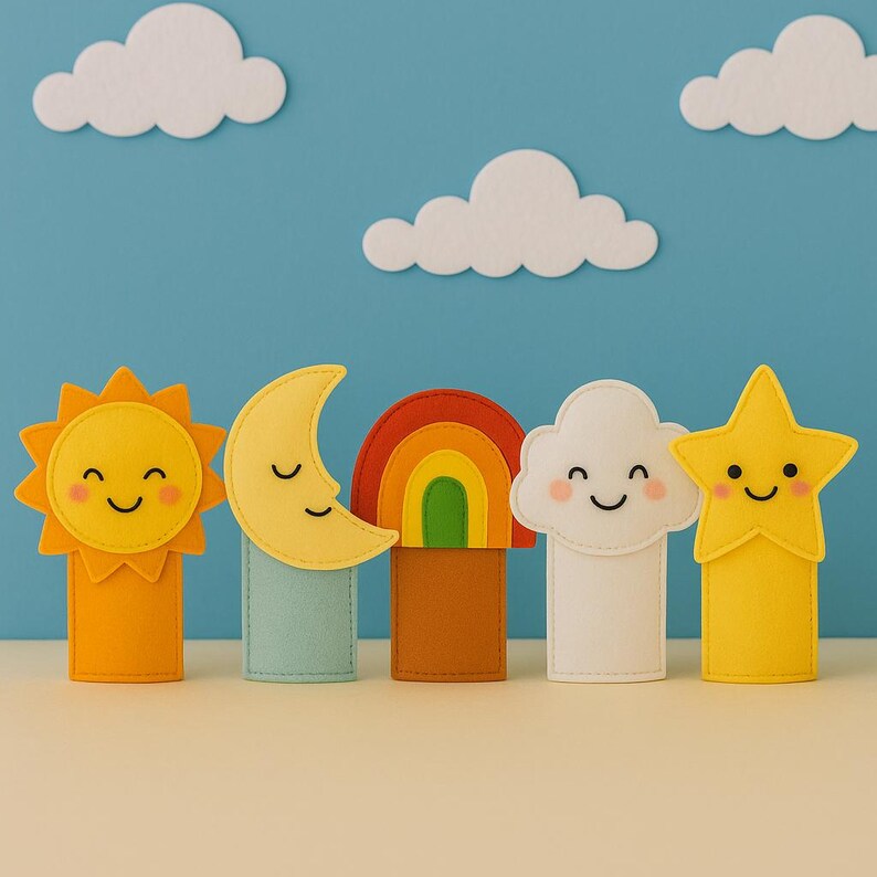 Sun, Moon, Rainbow, Cloud & Star Felt Finger Puppets – Handmade Weather ...