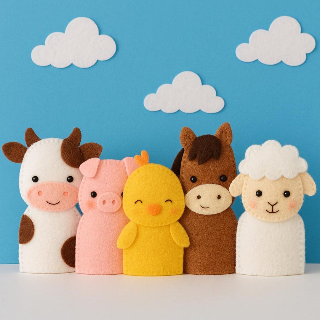 Farm Animal Felt Finger Puppets – Handmade Set of 5: Cow, Pig, Chick ...