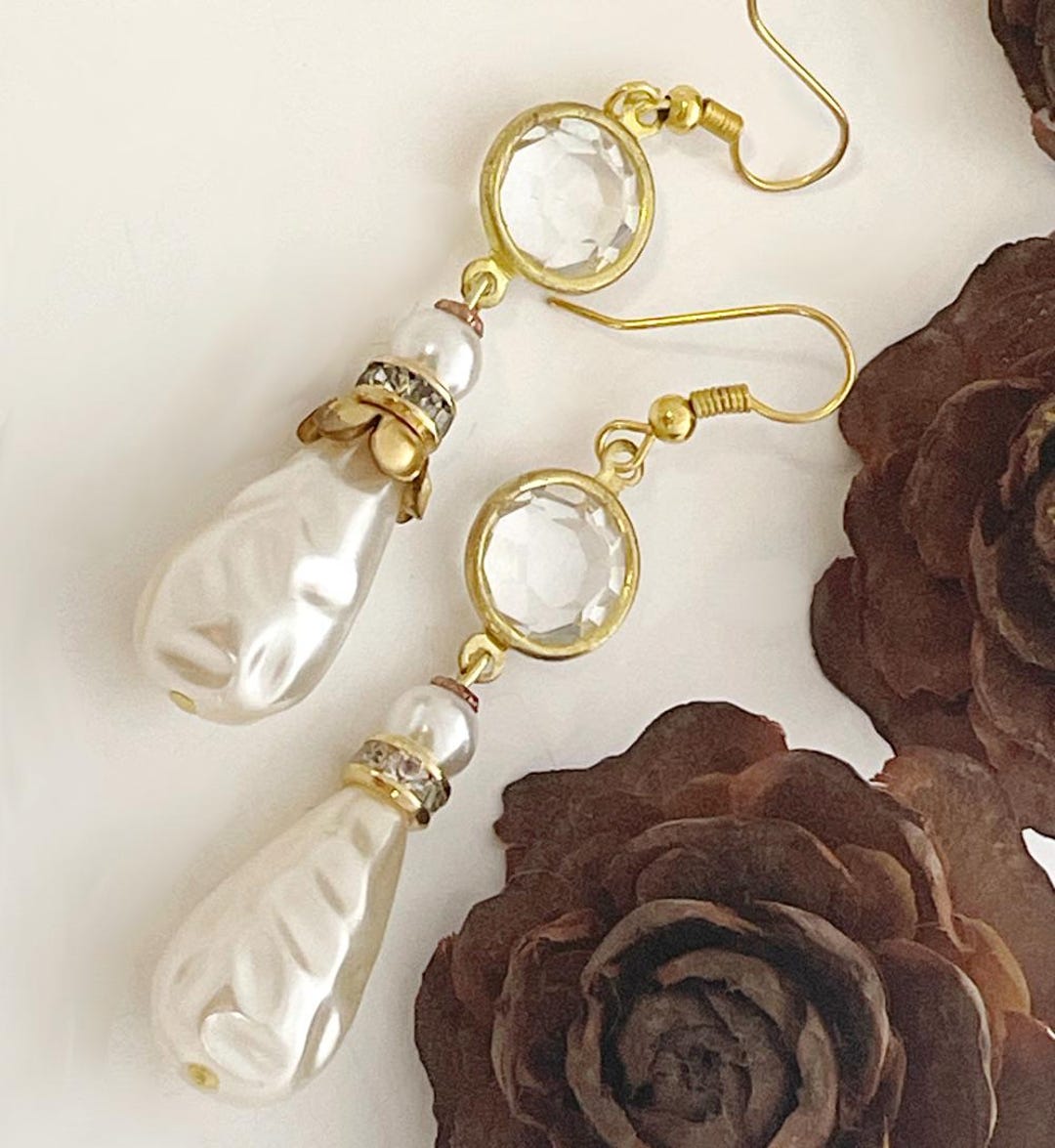 Swarovski Crystal Channel & Faux Baroque Pearl Handmade Dangle Earrings ...