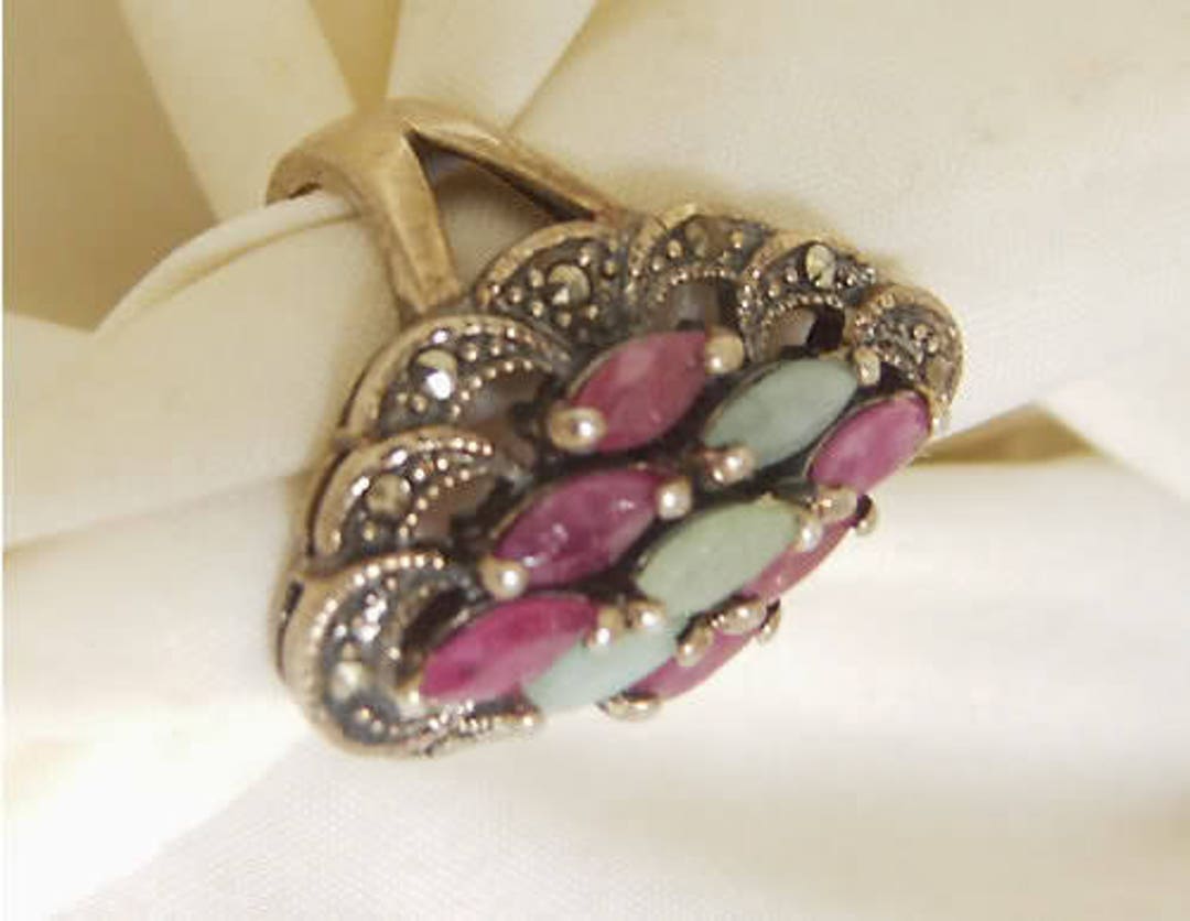 Antiqued 925 Silver Marcasite & Jade Large Cocktail Ring - Etsy