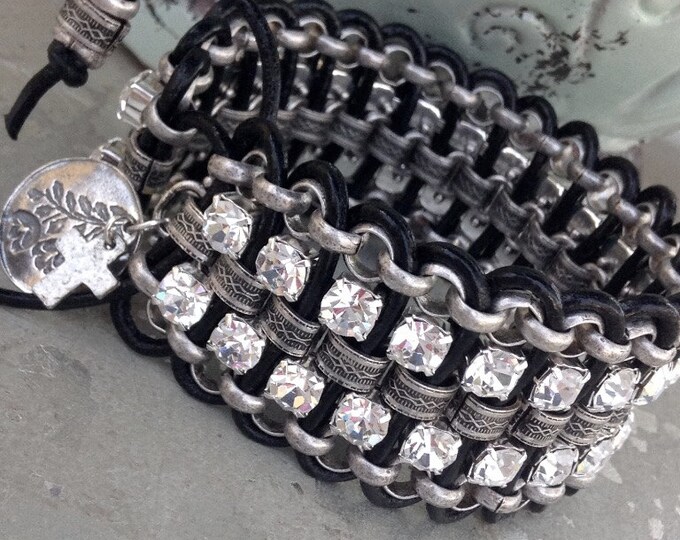 Chunky Black Leather Rhinestone STATEMENT Cuff Bling Beauty - Etsy