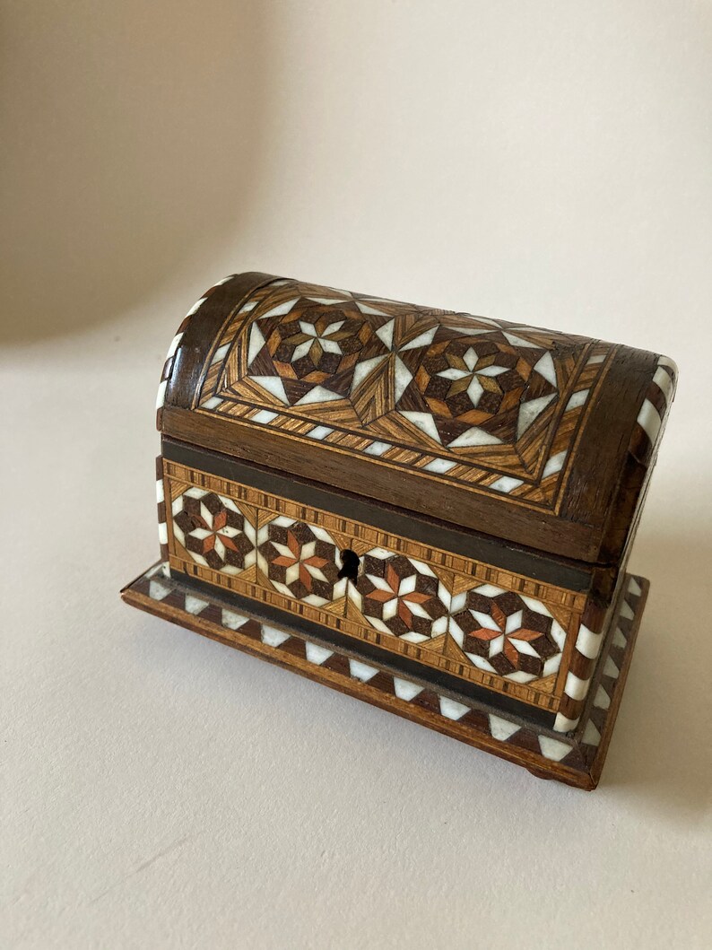 Antique Marquetry MOP Inlay Burl Wood Jewelry Trinket Box Lock With No ...