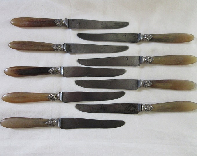 9 Fancy Antique KNIVES With HORN HANDLES and Ornate Silverplate Accent ...