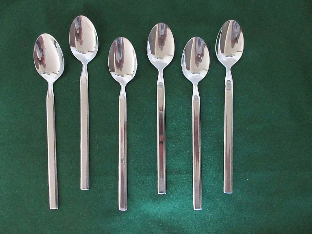 6 Unmarked Heavier Tall MODERN Sleek STAINLESS Ice Tea Sundae SPOONS ...