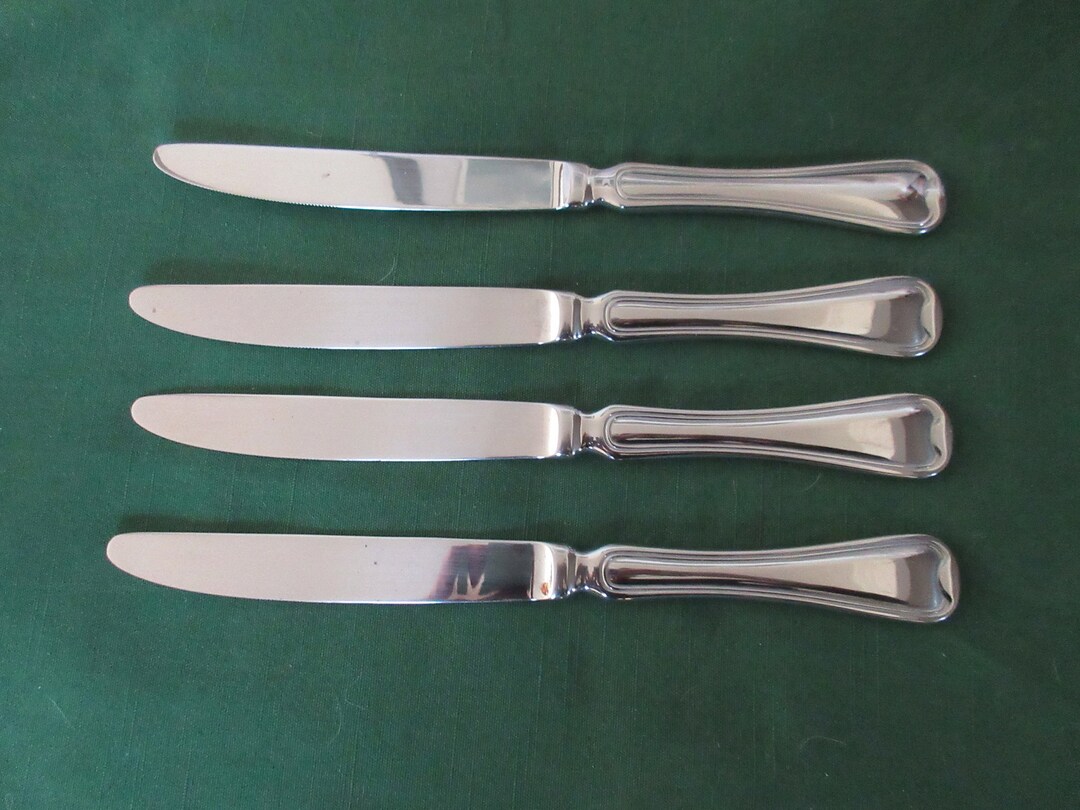 4 Glossy ONEIDA 18/10 Heavier Stainless Dinner KNIVES in FLAMBE Pattern ...