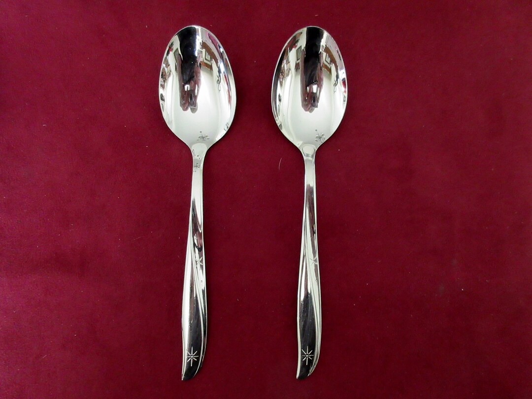 2 Stainless Oval Soup SPOONS in "collectible" 1960's Atomic TWIN STAR ...