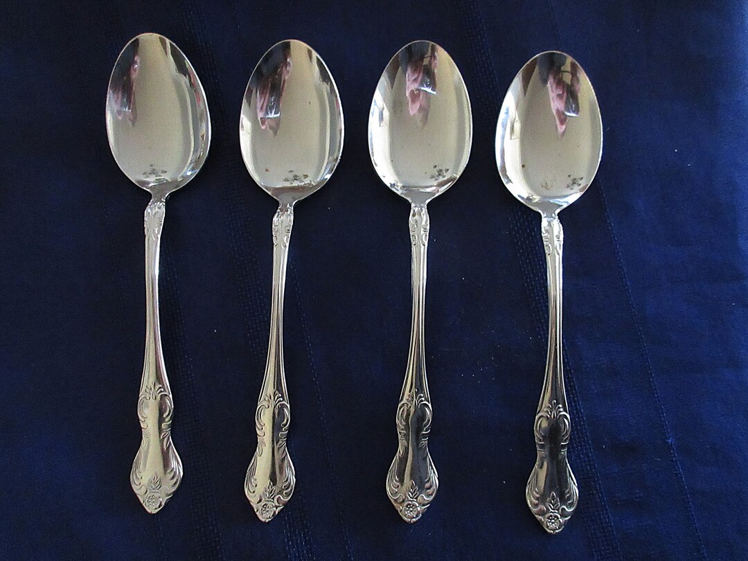 4 Lg Stainless Oval Serving/soup SPOONS W/floral Pattern Scalloped ...