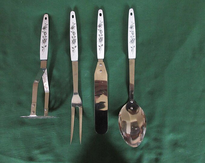 Set 5 Vtg Stainless Steel Cooking UTENSILS Spatula/masher/fork/spoon ...