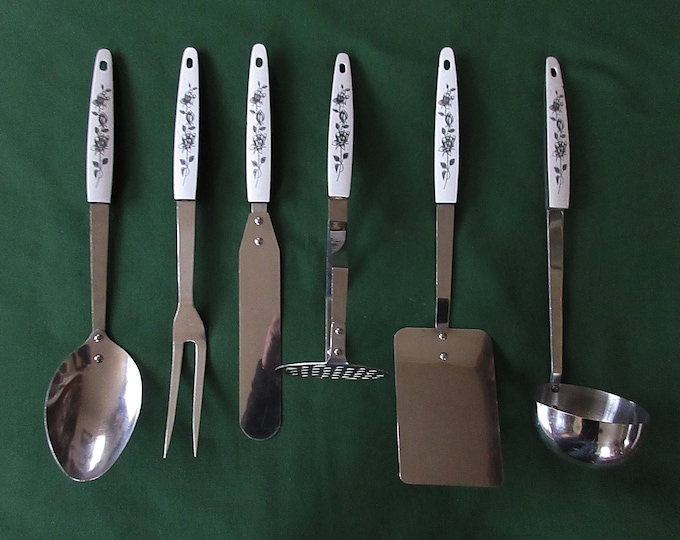 Set 5 Vtg Stainless Steel Cooking UTENSILS Spatula/masher/fork/spoon ...