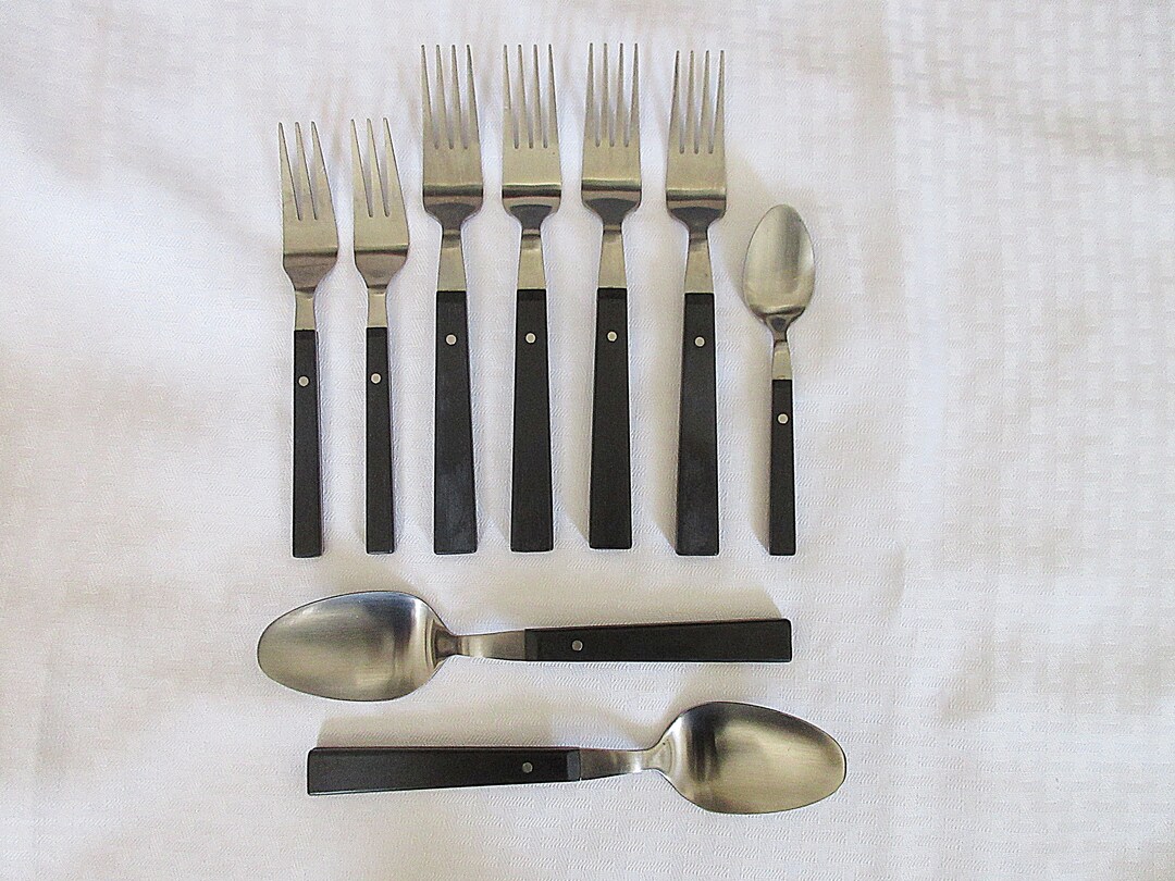 9 Asst STAINLESS Flatware Pcs Forks/spoons With Black COMPOSITE With ...