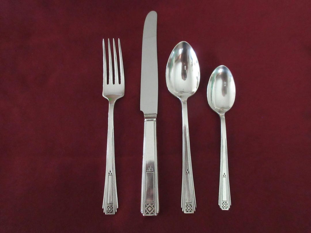 4 Pc Place Setting Art Deco Silverplate Flatware Fork/spoons/knife From ...