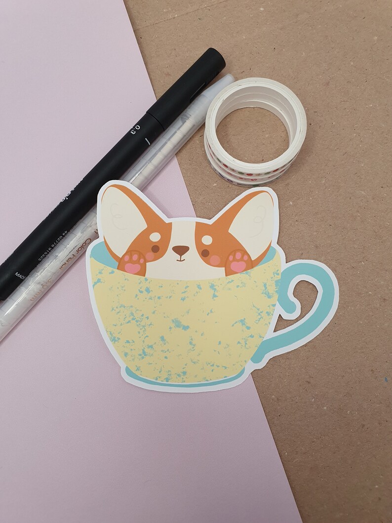Teapup Vinyl Sticker Cute Teacup Sticker Corgi Sticker - Etsy