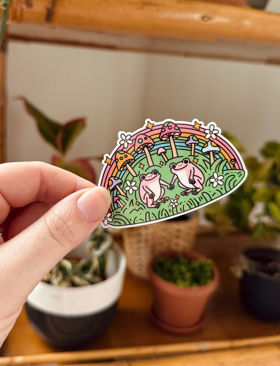 Frogs in Love Sticker, Cottage Core Mushrooms Sticker, Colorful ...
