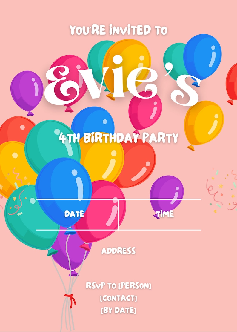 Editable Balloon Birthday Invitation Template, Balloon Party Invite ...
