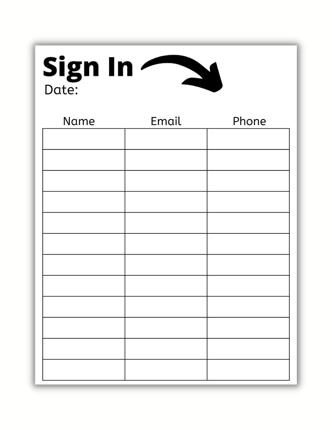 Sign in Sheet With Name, Email & Phone - Black/white - Digital Download ...