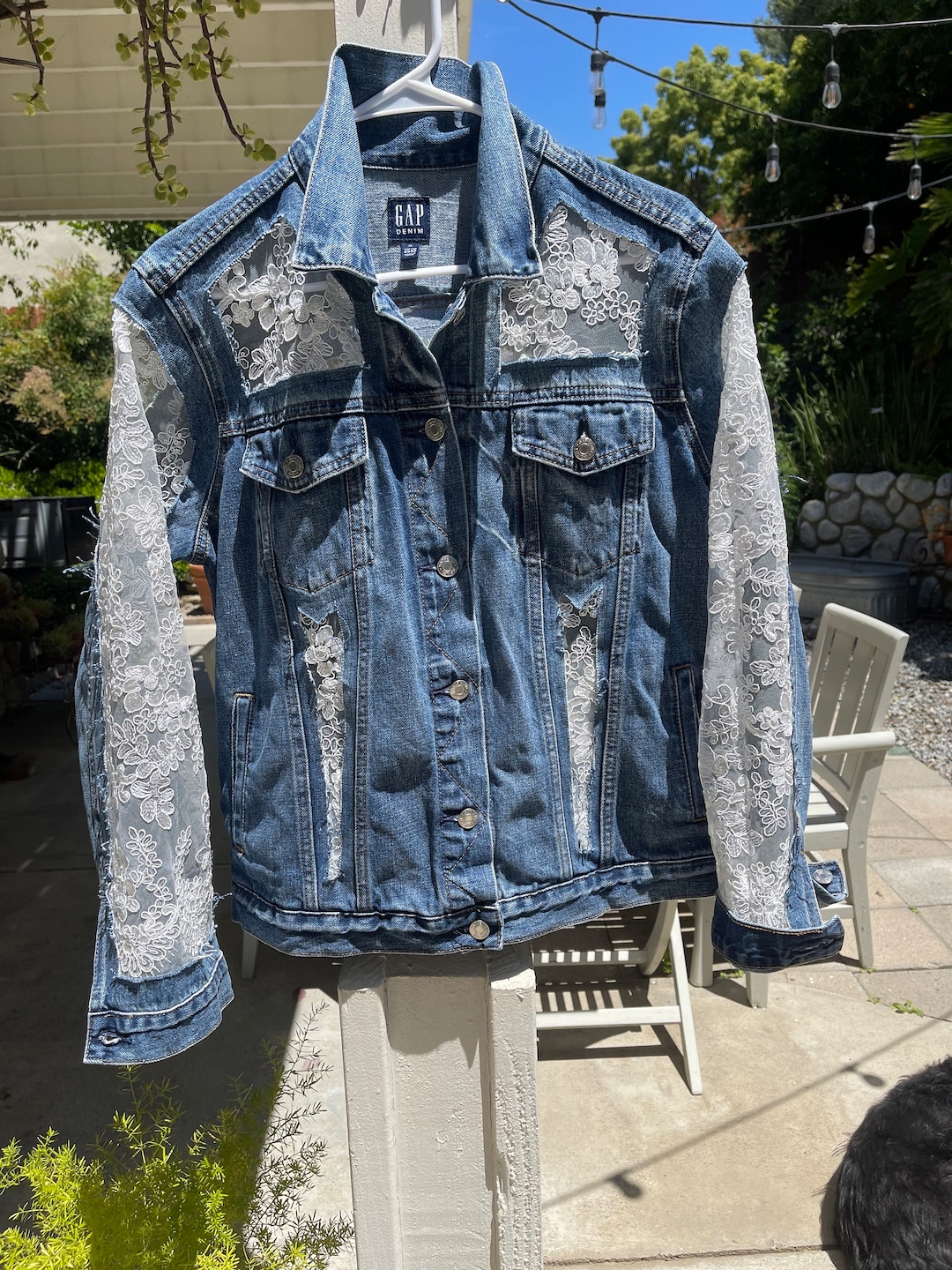 Womens Custom Denim Trucker Jacket L Upcycled Denim and Lace Trucker ...