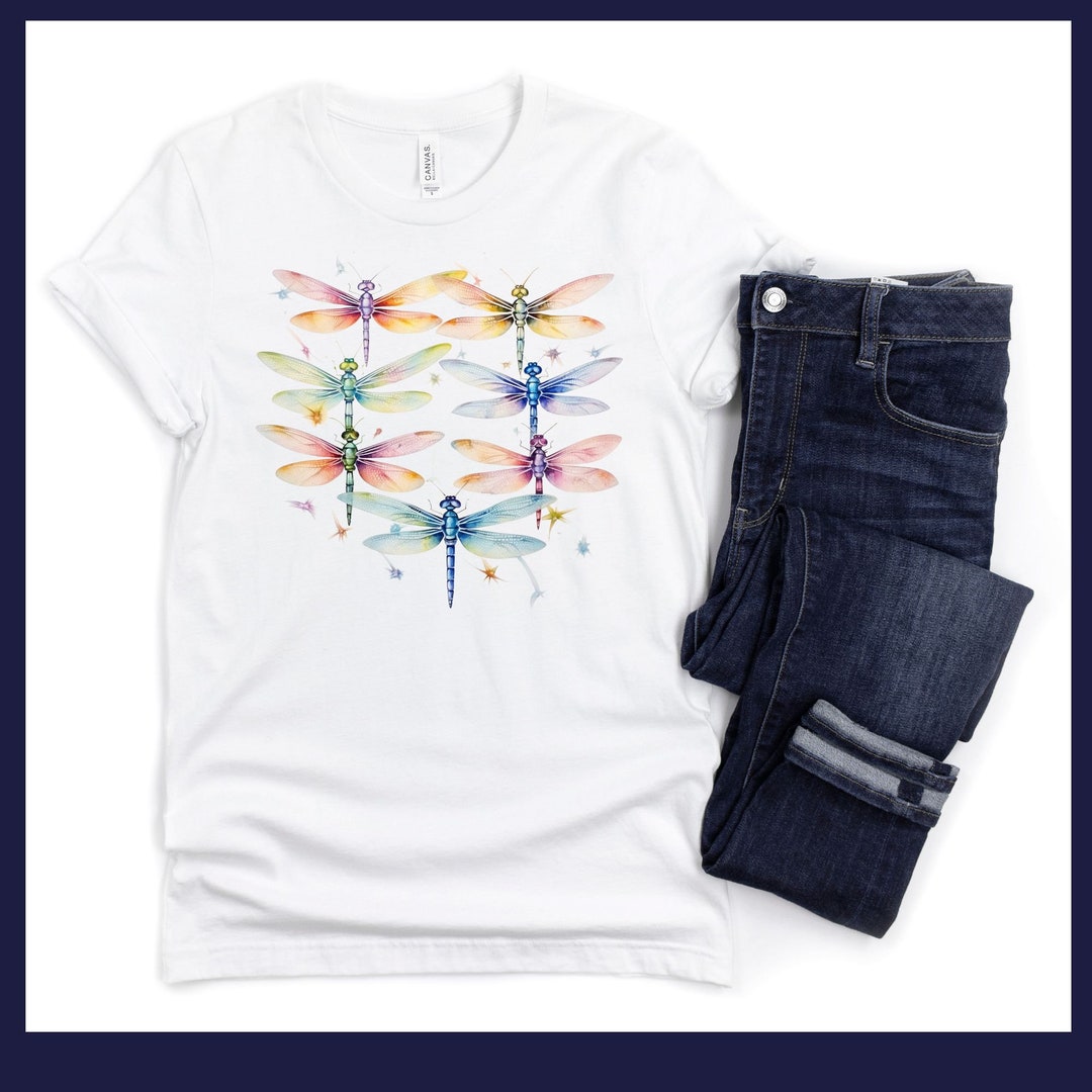 Beautiful Dragonfly Print Shirt, Rainbow Dragonfly T-shirt, Watercolor ...