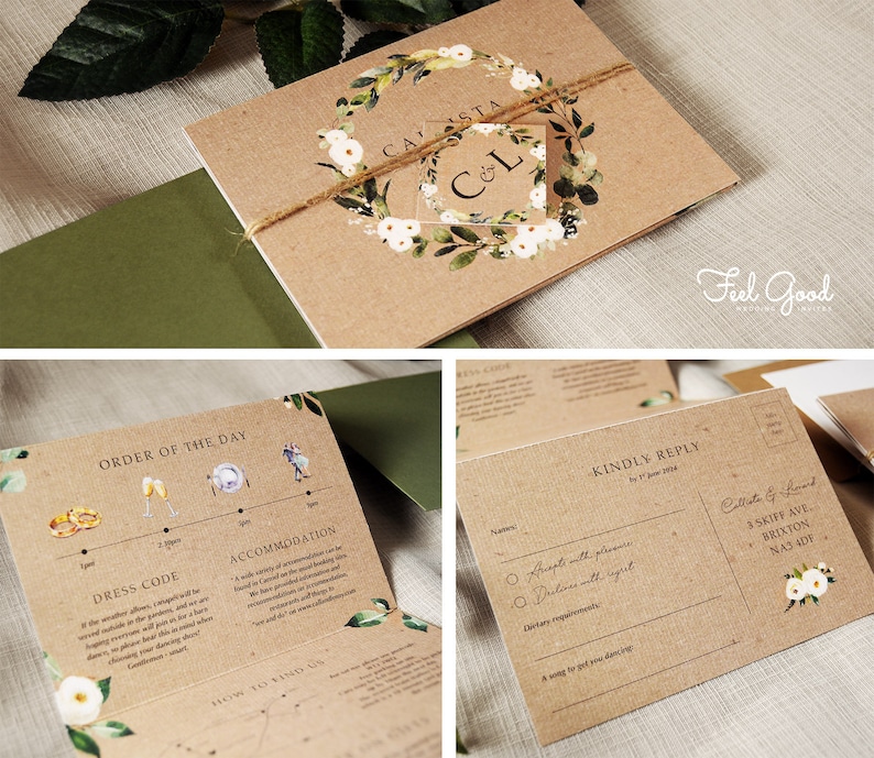 Rustic Wedding Invitation. White Floral & Greenery Kraft - Etsy