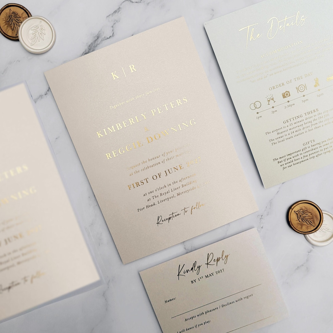 Kimberly Foiled Wedding Invitation. Shimmery Card and Gold Foil Invite ...
