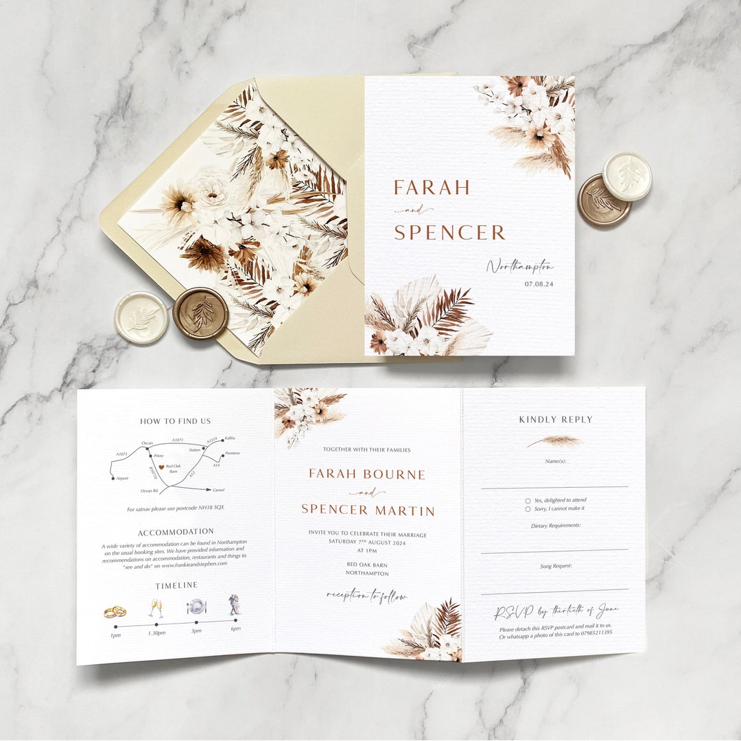 Farah Wedding Invitation Dried Flowers. Bohemian Wedding Invitation. Boho Muted Wedding. Pampas ...