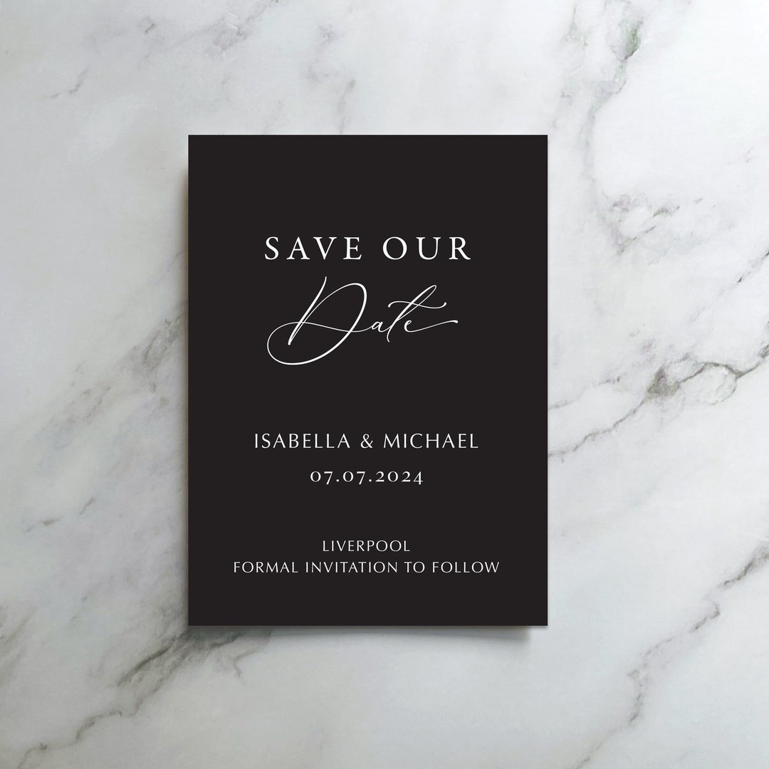 Black & White Save the Date. White Lettering on Black. Monochrome Save ...
