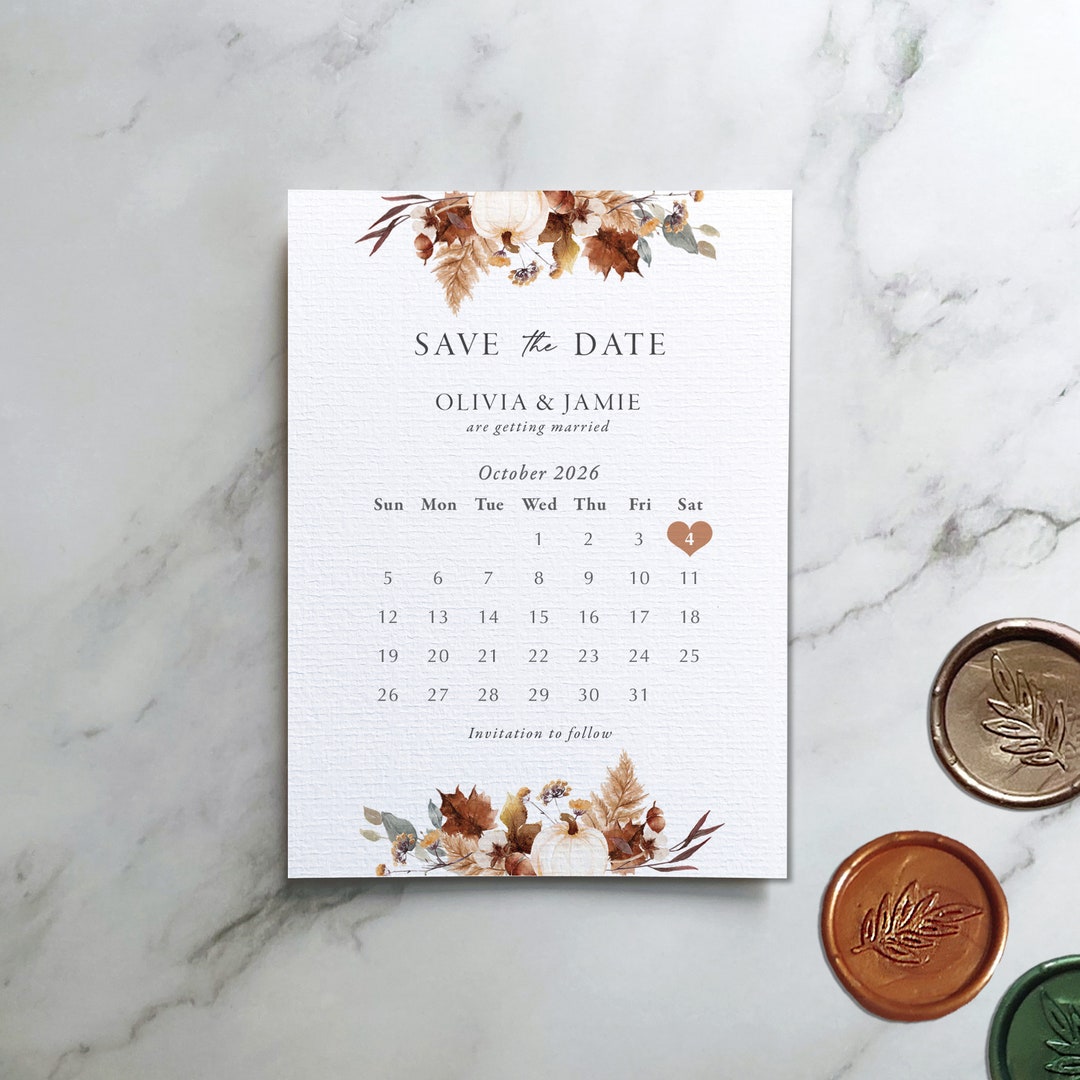 Save the Date Pumpkin Autumn Calendar. Rustic Leaves, Fall Save the ...