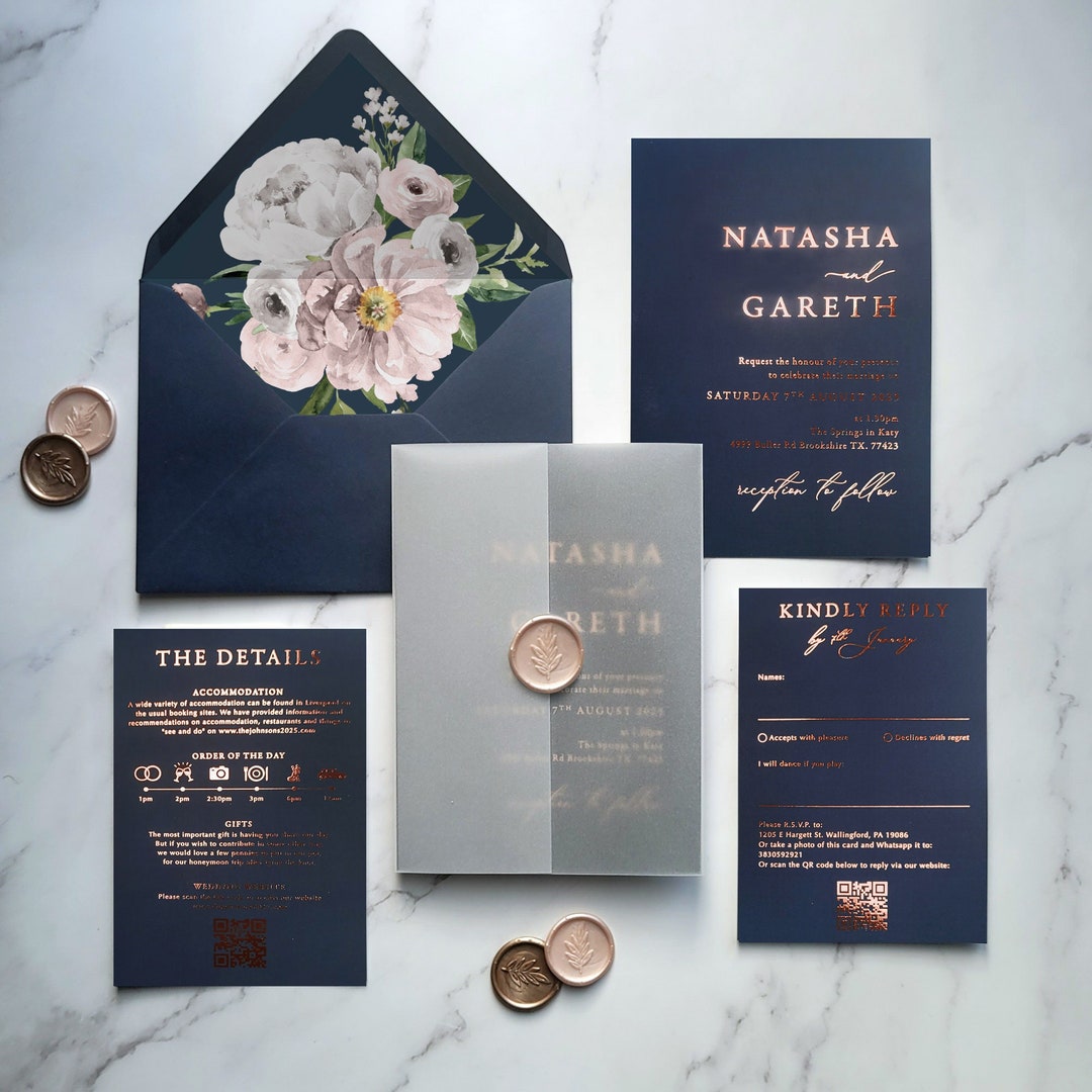 Wedding Invitation, Navy Rosegold Foiled - Rose Gold, Silver or Gold ...