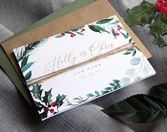 Winter Christmas Wedding Invitation. Holly Luxury Trifold - Etsy UK