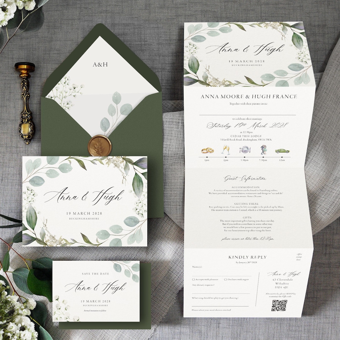 Anna Wedding Invitation. Greenery Wedding Invites With White Flowers - Etsy