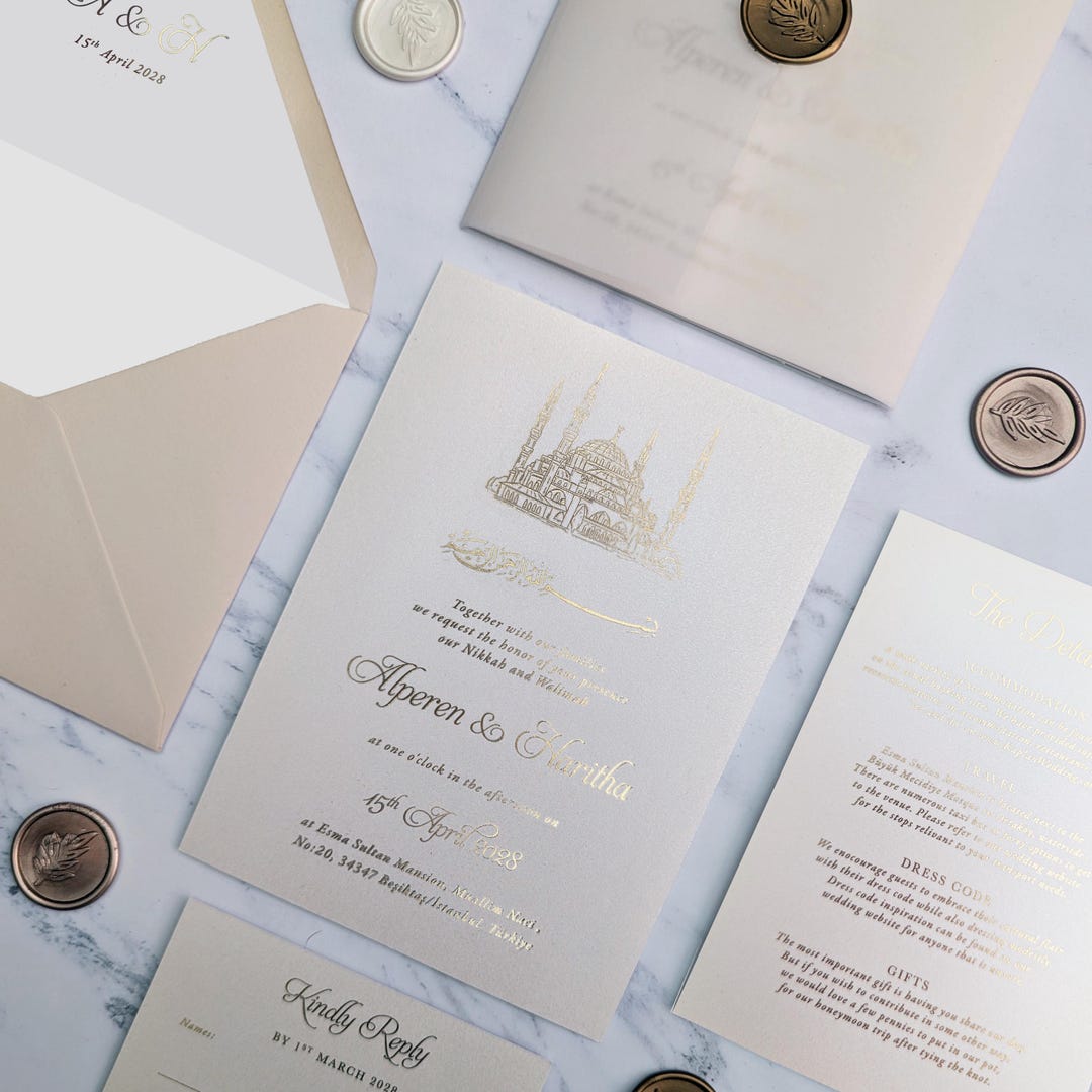 Gold Foil Blue Mosque Wedding Invitation, Islamic Nikah, Ivory Shimmer ...