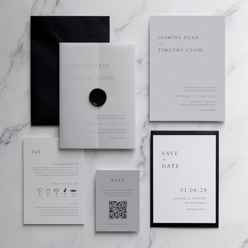 Monochrome Wedding Invitation. Black Lettering on Shades of - Etsy