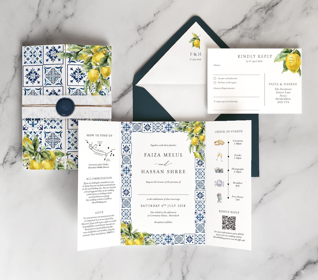 Blue Mediterranean Tiles Gatefold Wedding Invitation. Sicilian Greek ...