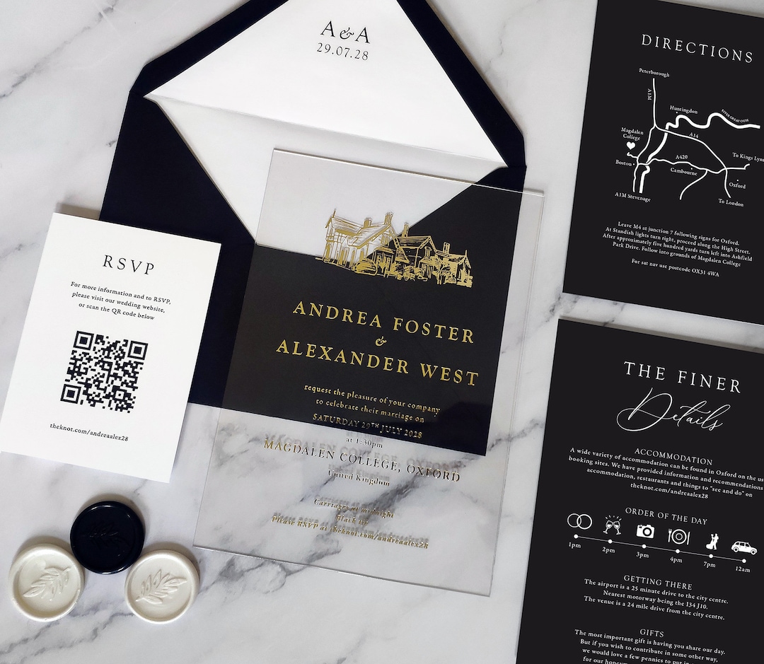 Clear Acrylic Foiled Wedding Invitations Featuring a Venue Illustration ...