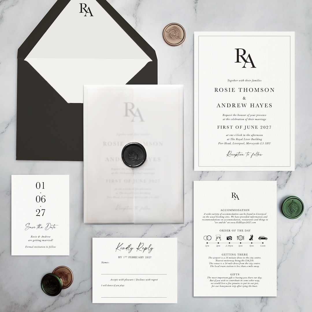 Wedding Invitations Monogram, & Save the Date. Monochrome Invitation Set. With Thick Luxe-board ...