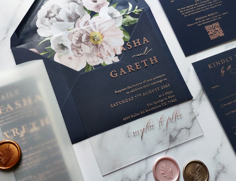 Invitaciones de boda de acrílico transparente con lámina de oro rosa ...