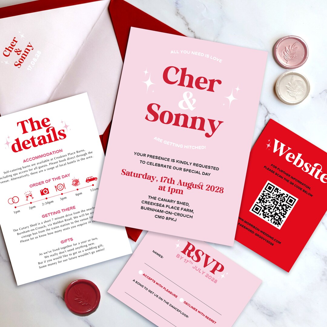 Retro Wedding Invitation. 70's Vintage. Pink Red and White Invite Set ...
