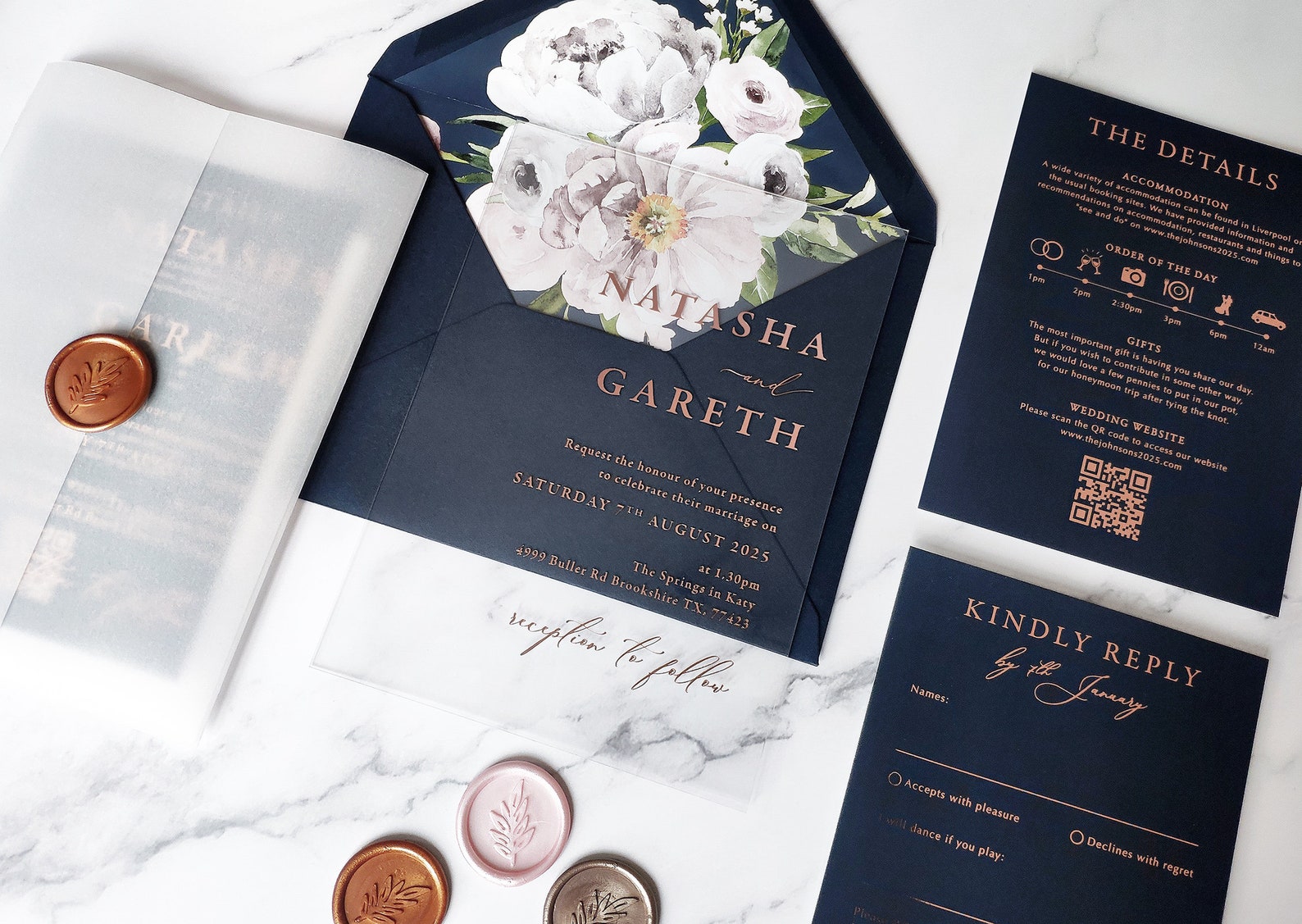 Clear Acrylic Wedding Invitations Featuring Rose Gold Foil. Perspex ...