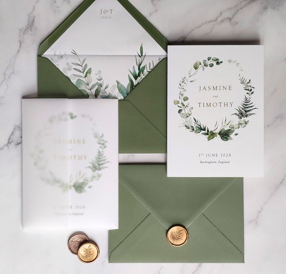 Green Wreath Wedding Invitation Rustic Greenery Wedding Invitations