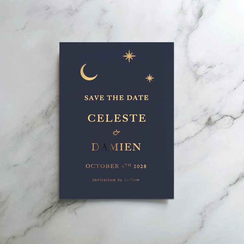 Wedding Invitation Celeste Luxury Foil Navy Invite, Celestial Moon, Sun ...