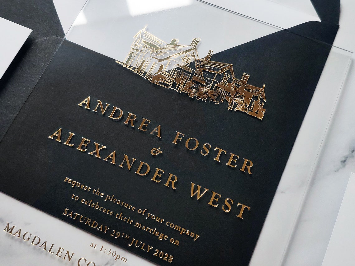 Clear Acrylic Foiled Wedding Invitations Featuring a Venue Illustration ...