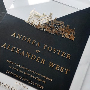 Clear Acrylic Foiled Wedding Invitations Featuring a Venue Illustration ...