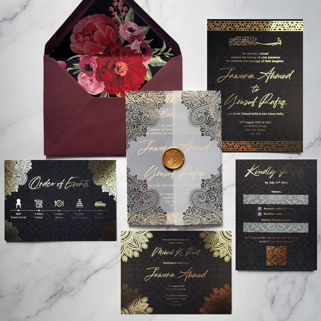 Luxury Muslim Wedding Invitation Black Gold Foil | Islamic Nikah Walima ...