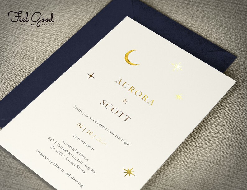 Aurora Luxury Foil Wedding Invitations With Moon Sun Star. | Etsy