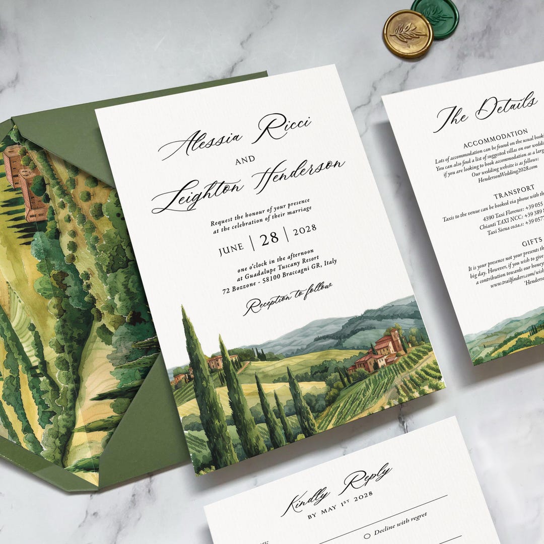 Tuscan Hills Wedding Invitation & Save the Date. Sage Tuscany Landscape ...