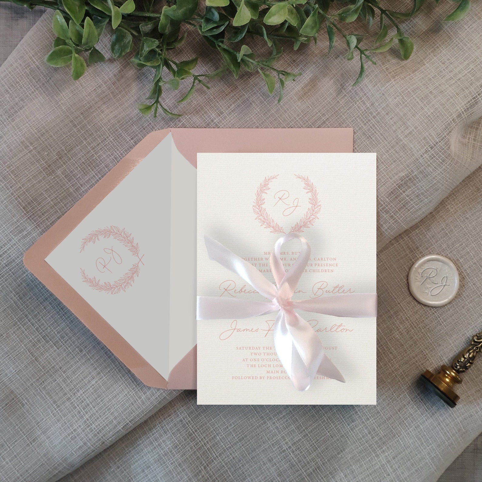 Rebecca Wedding Invitation Pink Monogram Ribbon Wedding | Etsy
