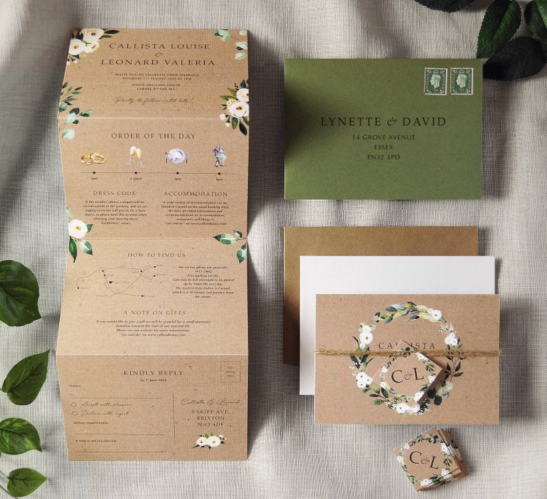 Rustic Wedding Invitation. White Floral & Greenery Kraft - Etsy