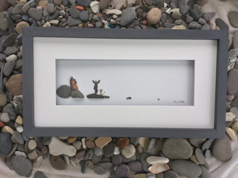 Pebble Art Family of Four with Puppy in Shadow Box Frame | Etsy