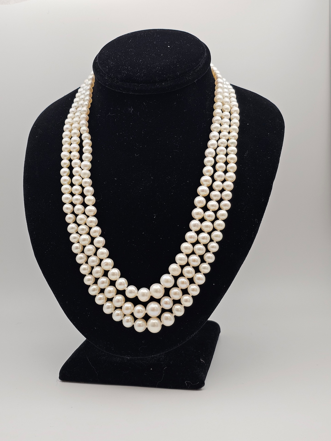 Triple Strand Pearl Necklace, 14kt Gold, Multi-strand Necklace, Layered ...