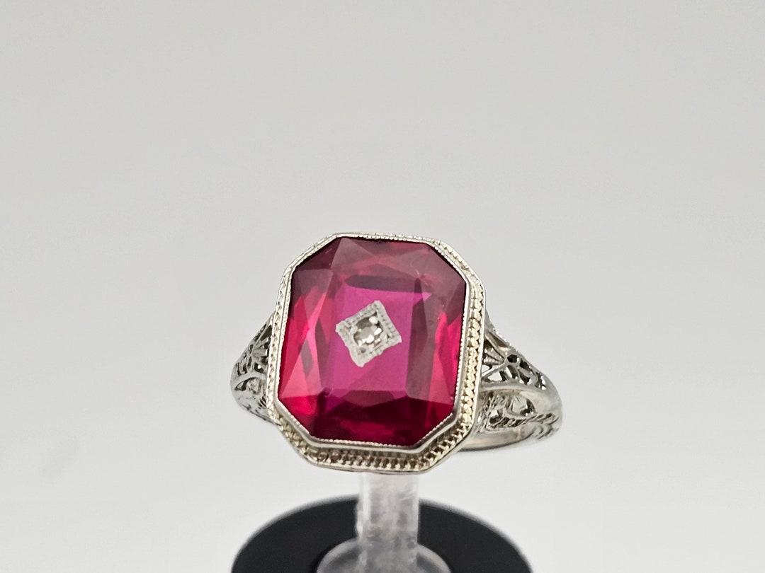 Faceted Fancy Cut Red Glass Diamond Ring, 18k Gold, Filigree Ring, July ...