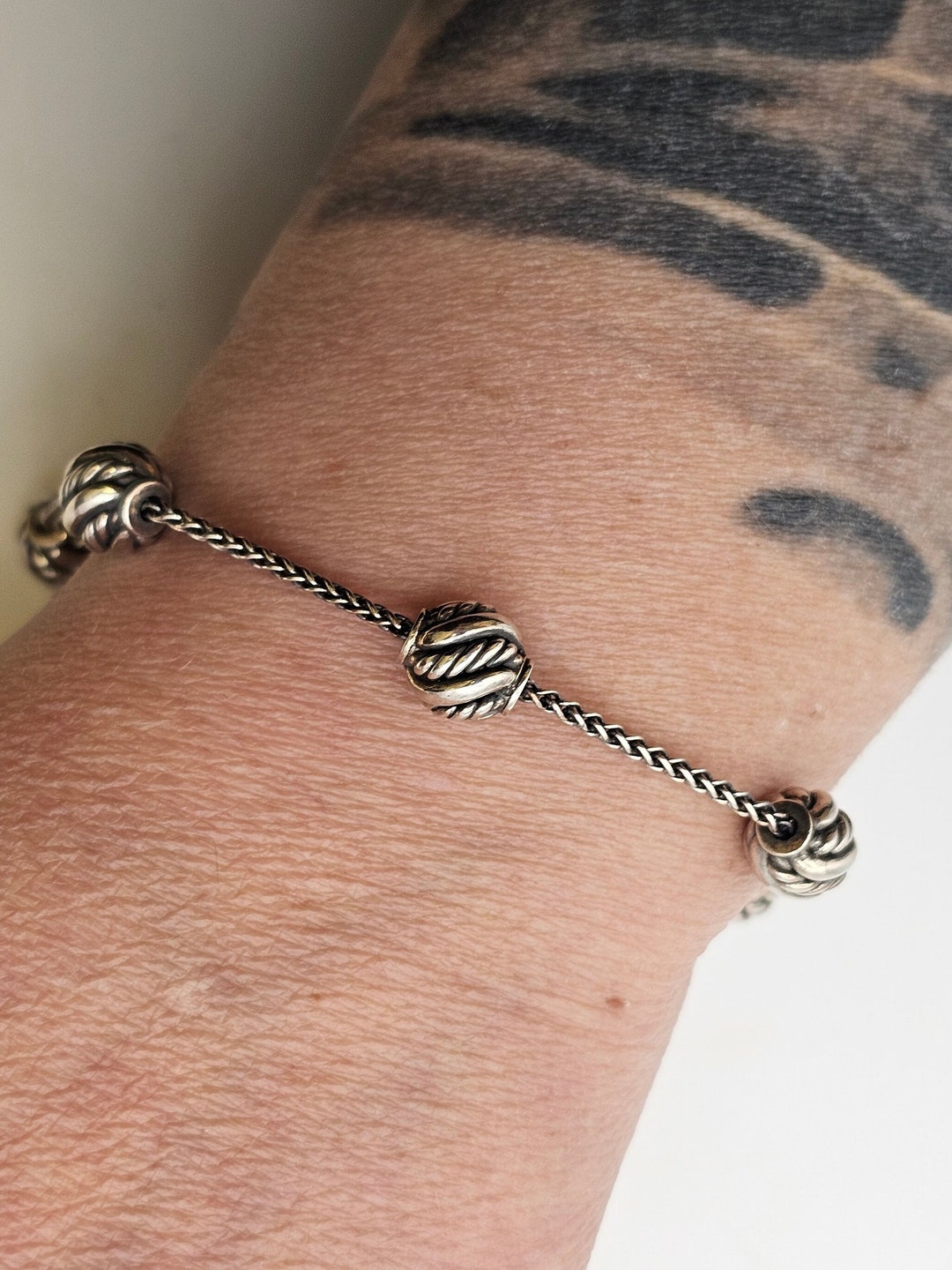 Rope Textured Bead Station Bracelet in 925 Silver, 14kt Gold Accents ...